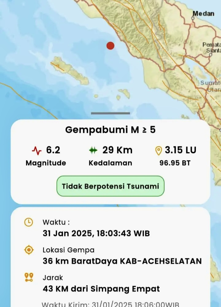 Gempa 6,2 Magnitudo Guncang Aceh Selatan