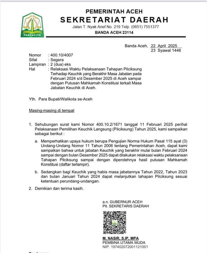 Pemerintah Aceh Keluarkan Surat Edaran Relaksasi Waktu Pilchiksung